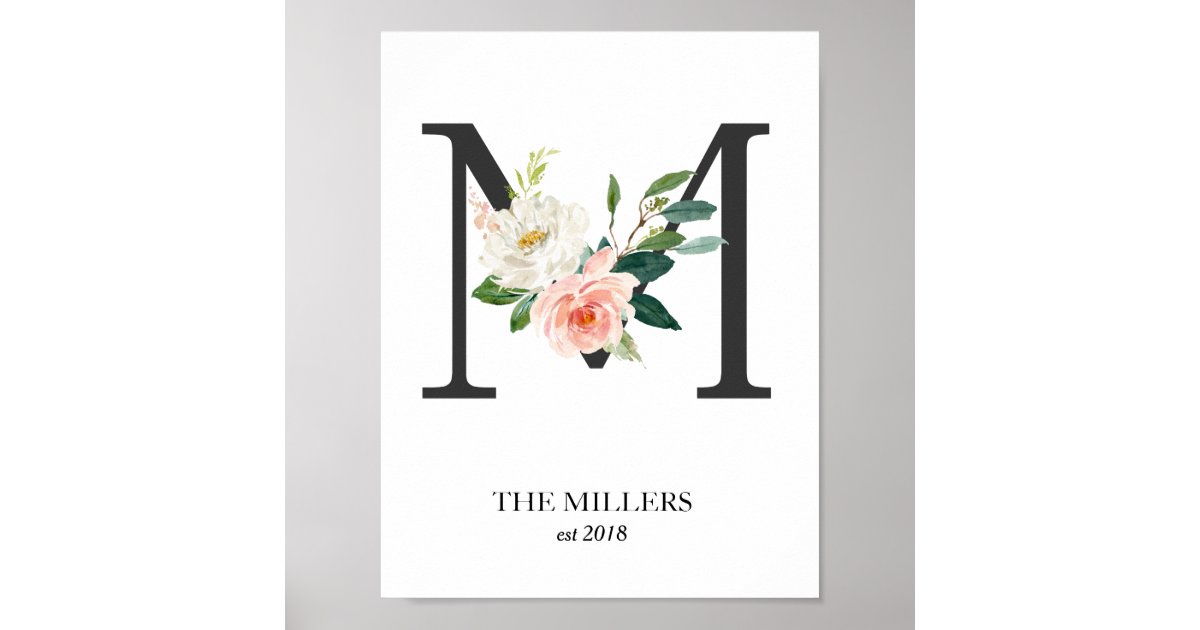 Monogram Print, Floral Letter M, Wedding, Nursery Poster | Zazzle