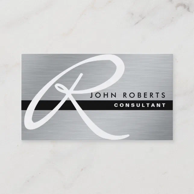 Monogram Professional Elegant Modern Silver Metal Business Card | Zazzle