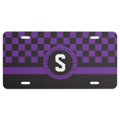 Monogram - Purple & Black Racing Stripes & Checks License Plate | Zazzle