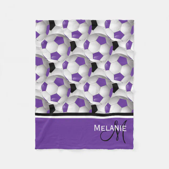 Monogram Purple Black Soccer Ball Pattern Fleece Blanket | Zazzle