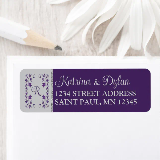 Monogram Purple, Gray Floral Wedding Address Label | Zazzle