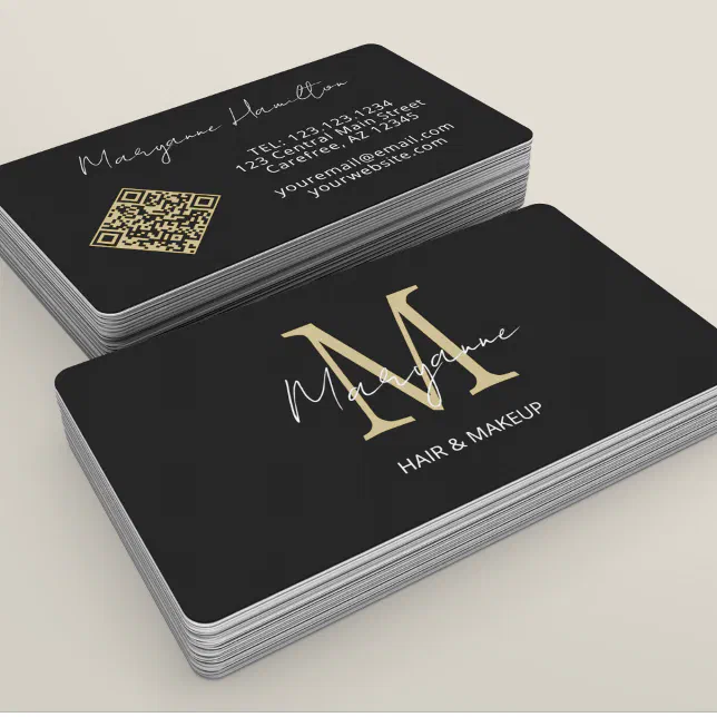 Monogram QR Code Black Gold Business Card | Zazzle