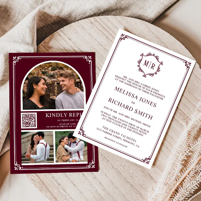 Monogram QR Code Photo Collage Burgundy Wedding Invitation | Zazzle