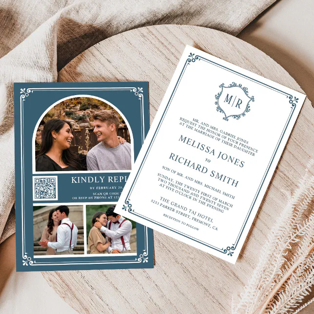 Monogram QR Code Photo Collage Dusty Blue Wedding Invitation | Zazzle