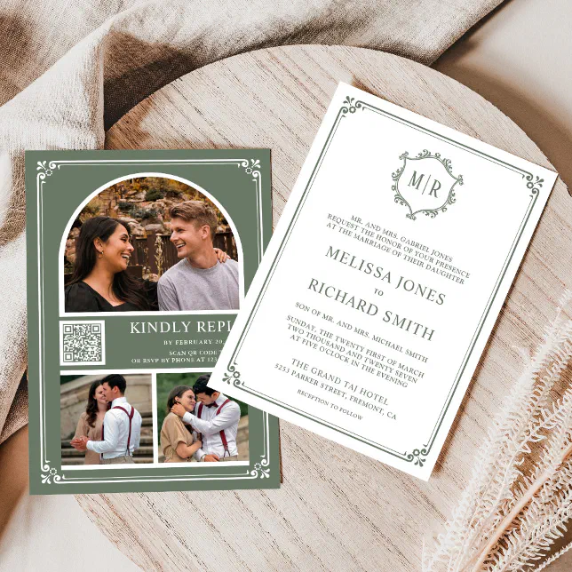 Monogram QR Code Photo Collage Sage Green Wedding Invitation | Zazzle