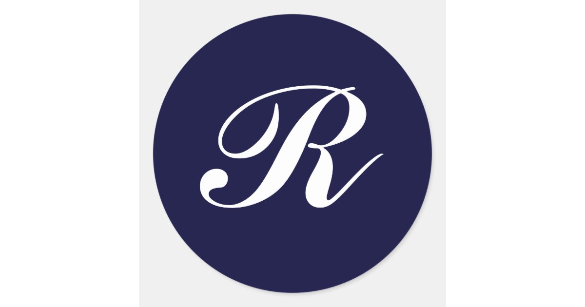 Monogram R, white script on navy blue Classic Round Sticker | Zazzle