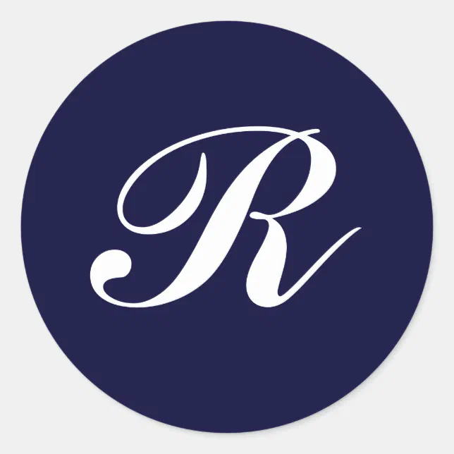 Monogram R, white script on navy blue Classic Round Sticker | Zazzle