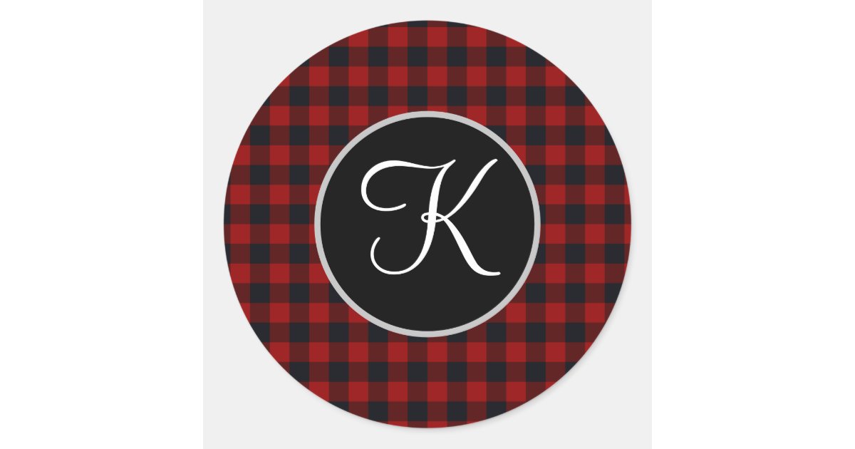 Monogram Red and Black Buffalo Plaid Classic Round Sticker | Zazzle
