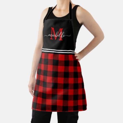 Monogram Red Black Buffalo Plaid Apron | Zazzle