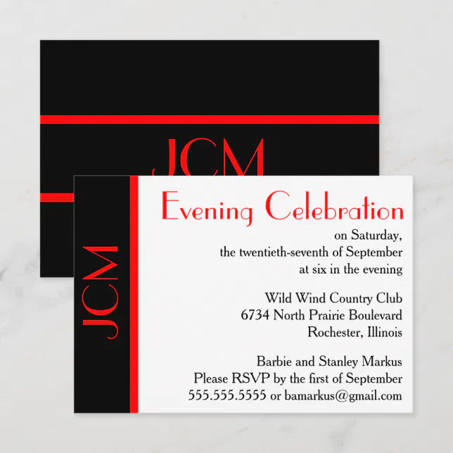 Monogram Red Black Evening Celebration RSVP White Invitation | Zazzle