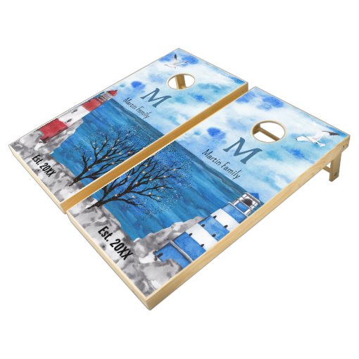 Monogram Red & Blue Lighthouse Watercolor Cornhole Set | Zazzle