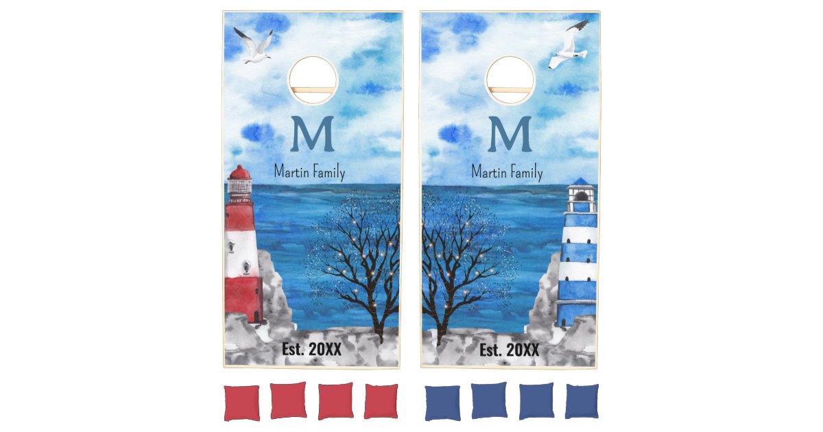 Monogram Red & Blue Lighthouse Watercolor Cornhole Set | Zazzle