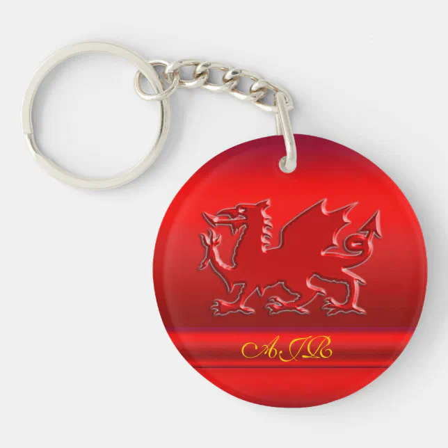Monogram, Red Dragon on red metallic-effect Keychain | Zazzle