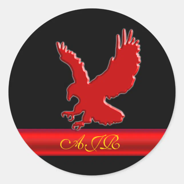 Monogram Red Eagle logo, red metallic-look strip Classic Round Sticker ...