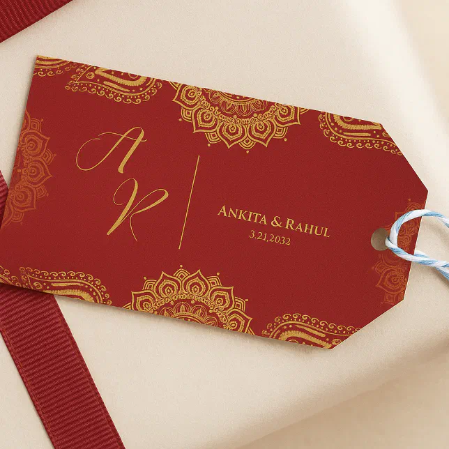 Monogram Red Mandala Custom Indian Wedding Favor Gift Tags | Zazzle