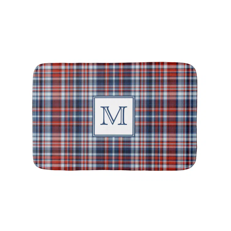 Monogram Red White and Blue Plaid Bath Mat | Zazzle