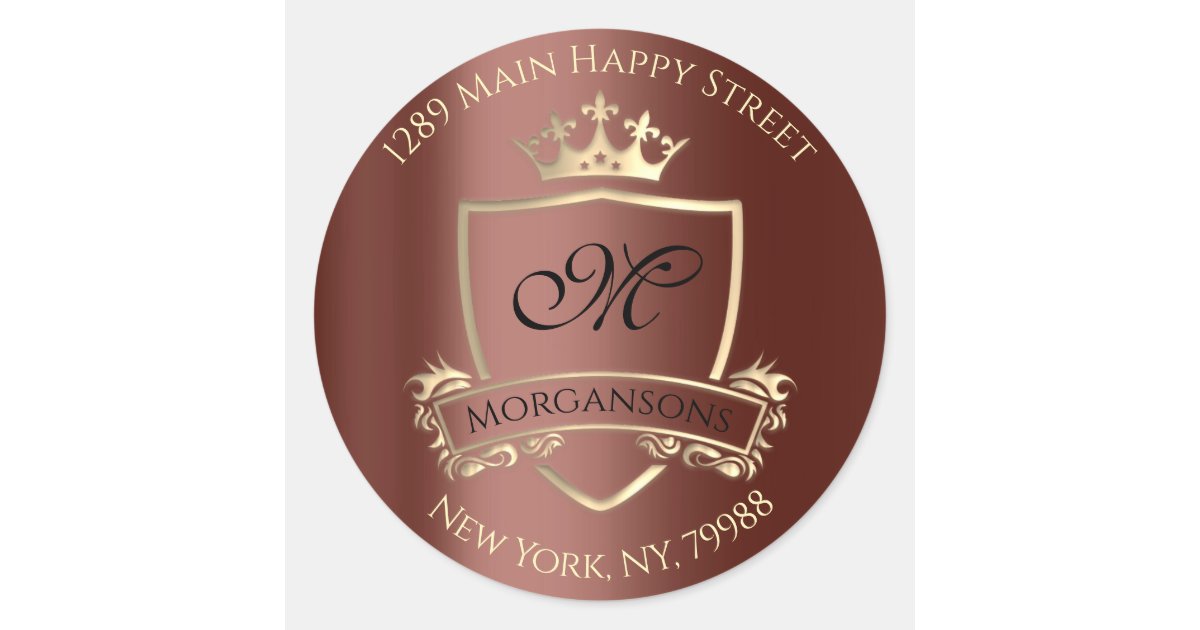 Monogram Return Address Crown Royal Gold Brown Classic Round Sticker ...