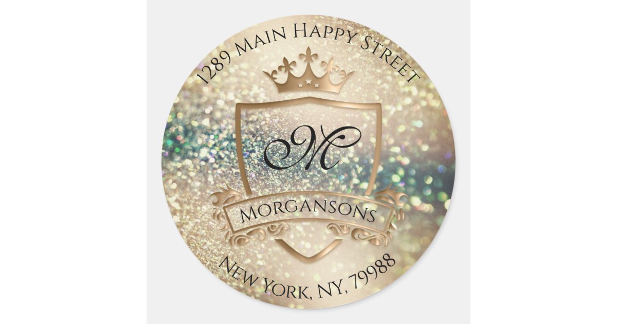 Monogram Return Address Crown Royal Rose Glitters Classic Round Sticker ...