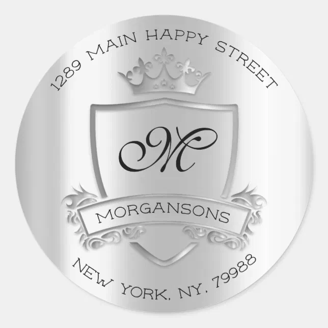 Monogram Return Address Crown Royal Silver Gray Classic Round Sticker ...