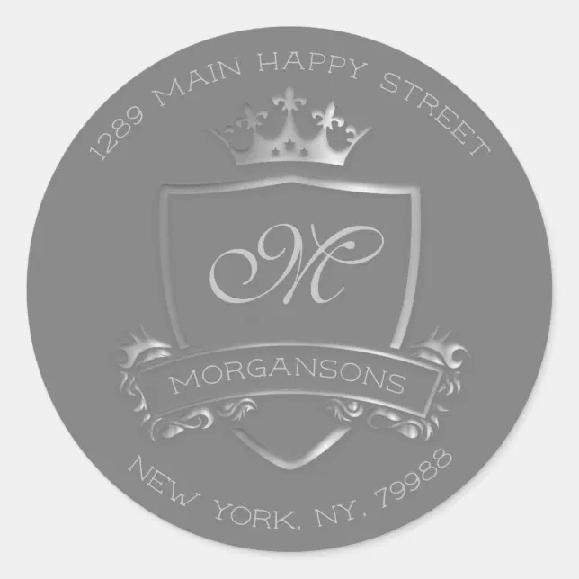 Monogram Return Address Crown Royal Silver Grey Classic Round Sticker ...
