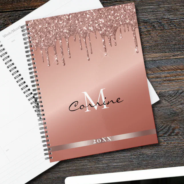 Monogram Rose Gold Dripping Glitter Metallic Daily Planner | Zazzle