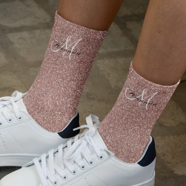 Monogram Rose Gold Glitter Look Personalized Socks | Zazzle