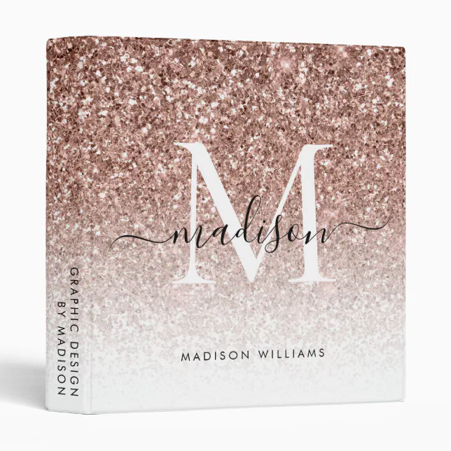 Monogram Rose Gold Glitter Script Office School 3 Ring Binder | Zazzle