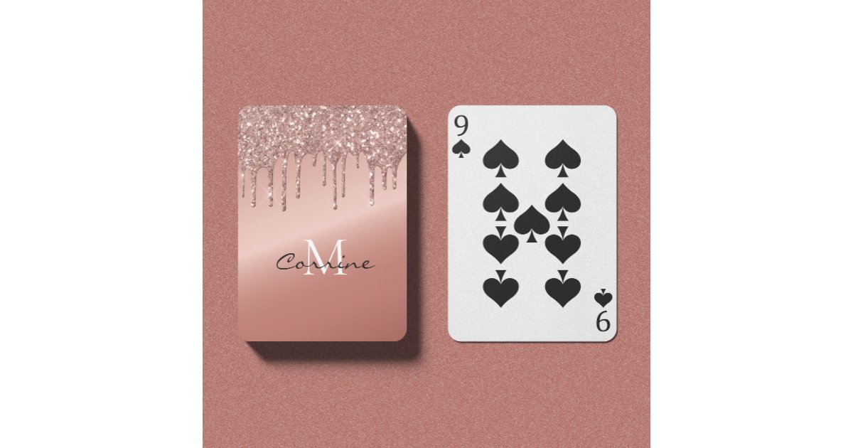 Monogram Rose Gold Metallic Dripping Glitter Poker Cards | Zazzle
