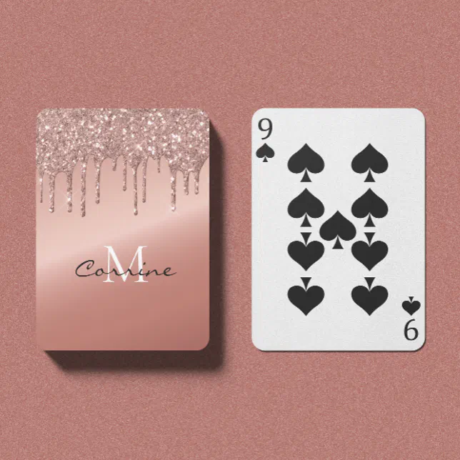 Monogram Rose Gold Metallic Dripping Glitter Poker Cards | Zazzle