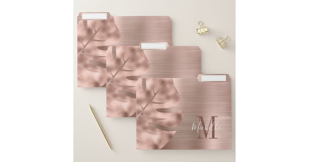 Monogram Rose Gold Palm Leaf Brushed Metal File Folder | Zazzle