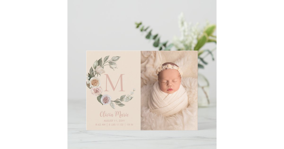 Monogram Roses Photo Baby Birth Announcement | Zazzle