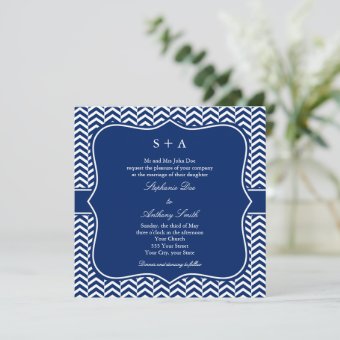Monogram Royal Blue Chevron Pattern Wedding Invitation | Zazzle