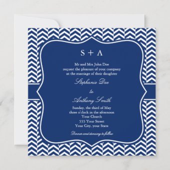 Monogram Royal Blue Chevron Pattern Wedding Invitation | Zazzle