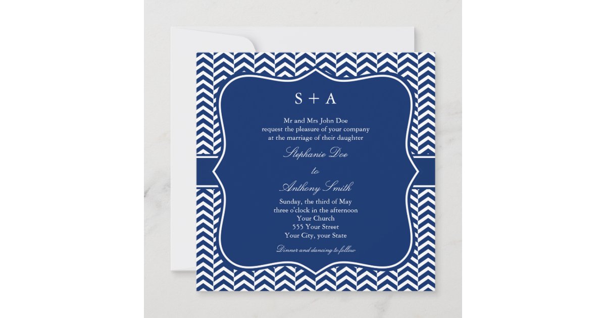 Monogram Royal Blue Chevron Pattern Wedding Invitation | Zazzle