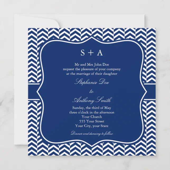 Monogram Royal Blue Chevron Pattern Wedding Invitation | Zazzle