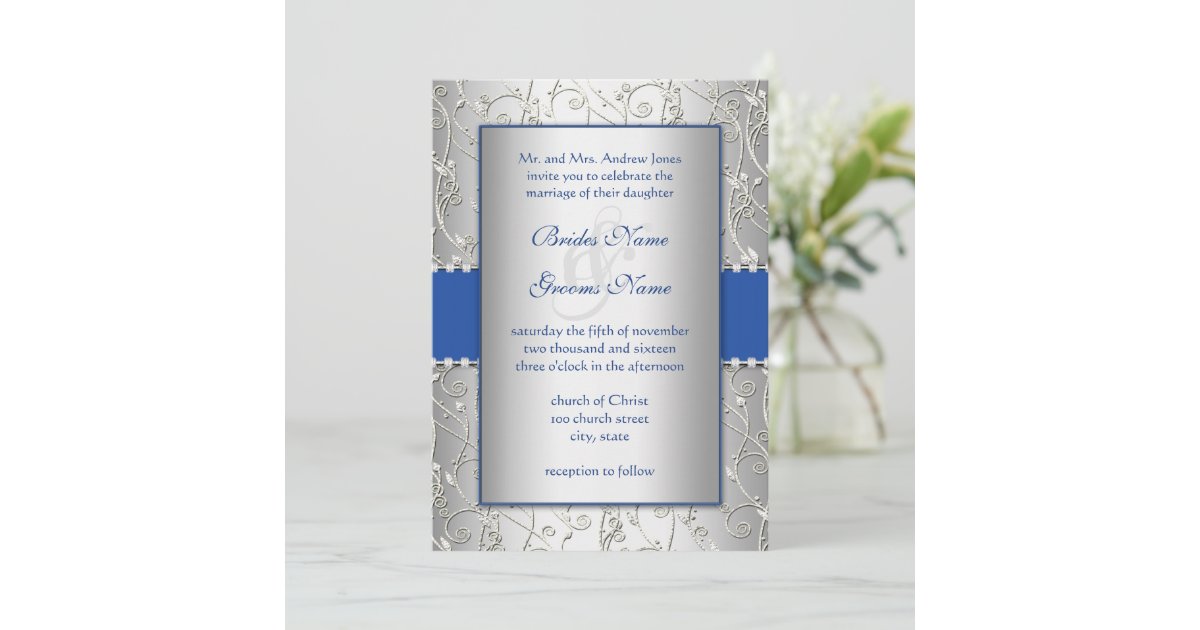 Monogram Royal Blue Silver Wedding Invitations | Zazzle