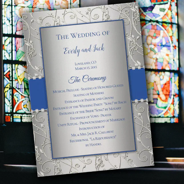 Monogram Royal Blue Silver Wedding Programs | Zazzle