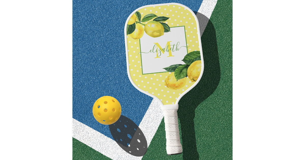 Monogram rustic country lemon watercolor polka dot pickleball paddle ...