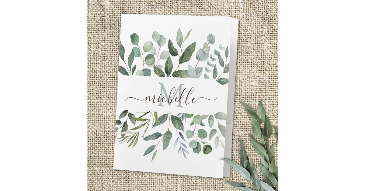 Monogram Sage Green Eucalyptus Greenery Recipe Pocket Folder | Zazzle
