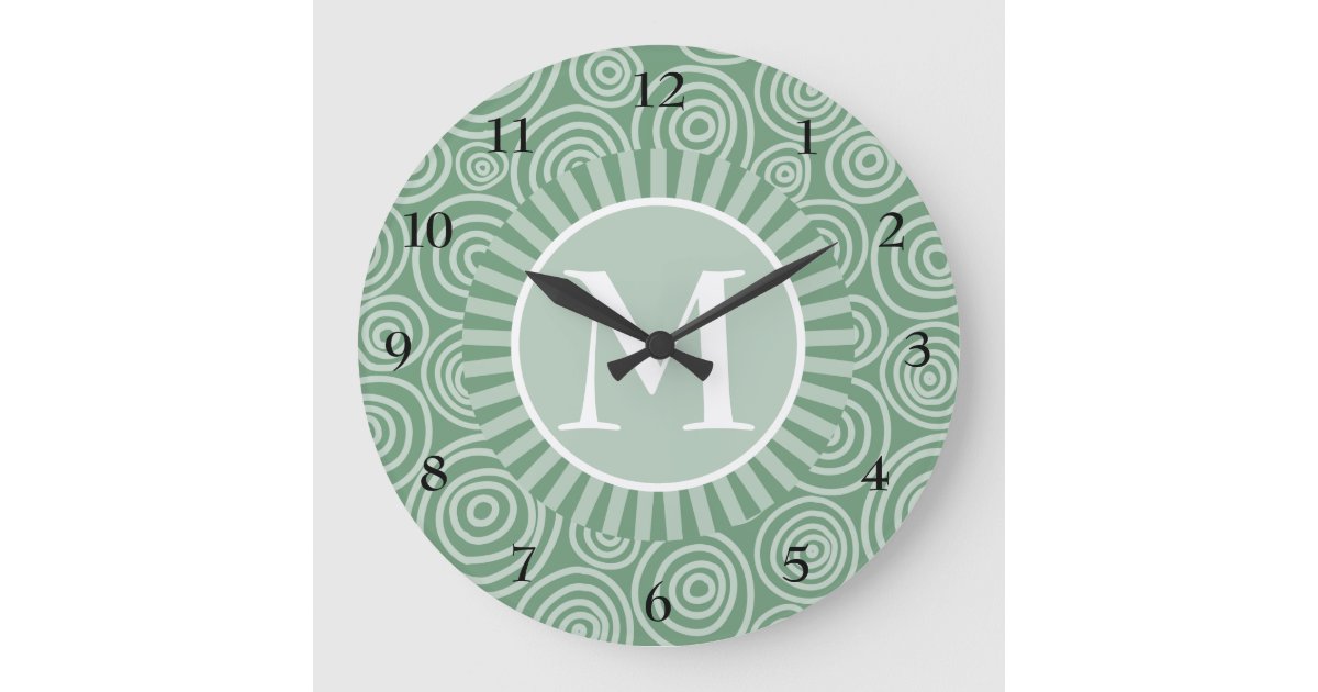 Monogram Sage Green Spirals - Personalized Large Clock | Zazzle