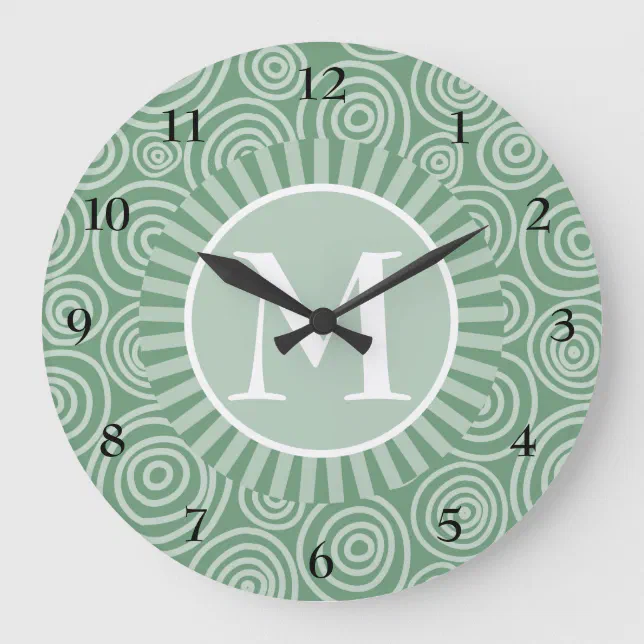 Monogram Sage Green Spirals - Personalized Large Clock | Zazzle