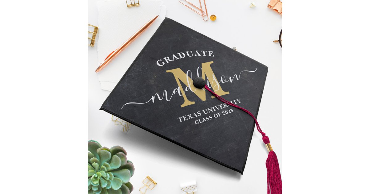 Monogram Script Black and Gold Modern Graduation C Graduation Cap ...