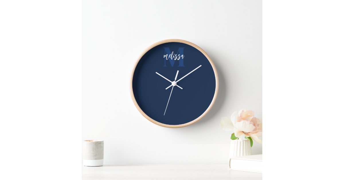 Monogram Script Calligraphy Navy Blue Clock | Zazzle
