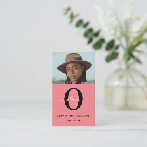 Monogram Script Name Black White Pink Job Vertical Business Card | Zazzle