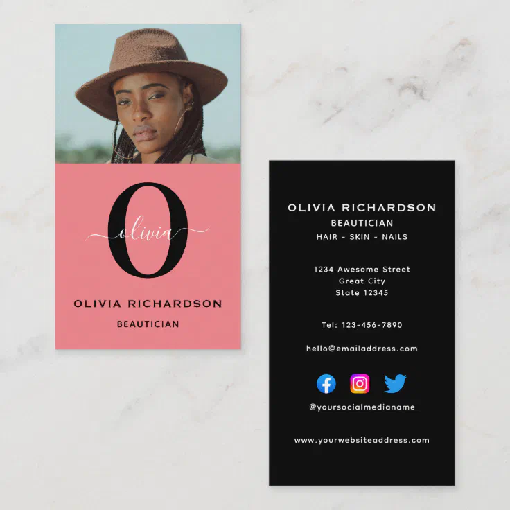 Monogram Script Name Black White Pink Job Vertical Business Card | Zazzle