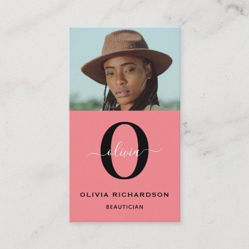 Monogram Script Name Black White Pink Job Vertical Business Card | Zazzle