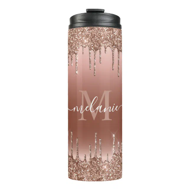 Monogram Script Name Rose Gold Glitter Drip Thermal Tumbler | Zazzle