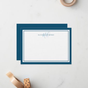 Monogram Script Two Border Elegant Simple Teal Note Card | Zazzle