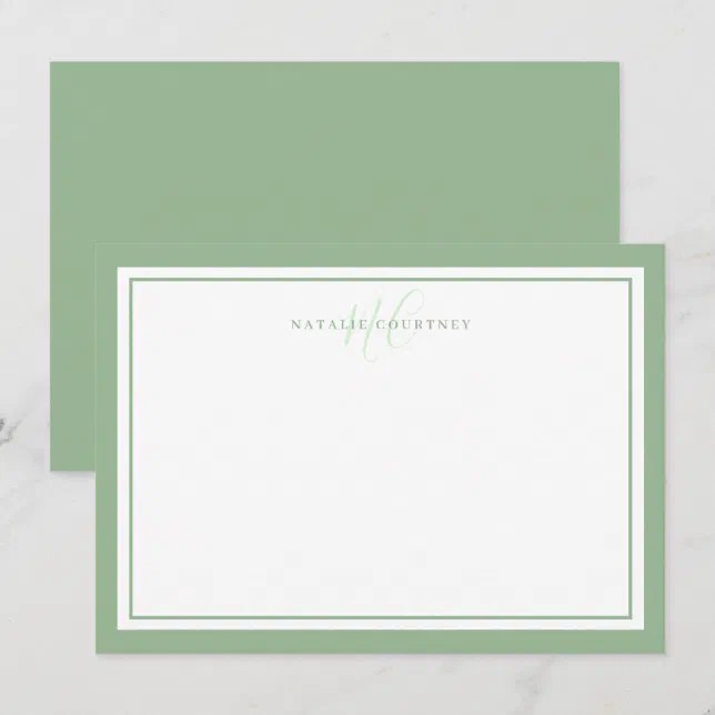 Monogram Script Two Border Minimalist Sage Green Note Card | Zazzle