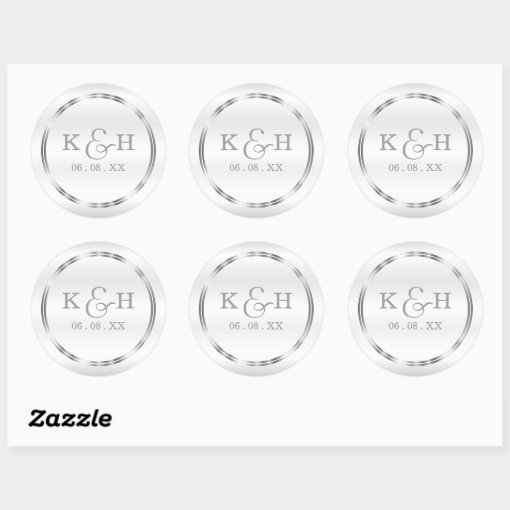 Monogram Silver and White Round Labels | Zazzle